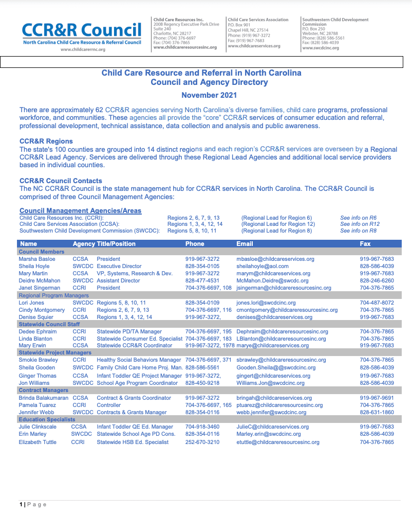 NC Child Care Resource & Referral Directory - CCR&R System