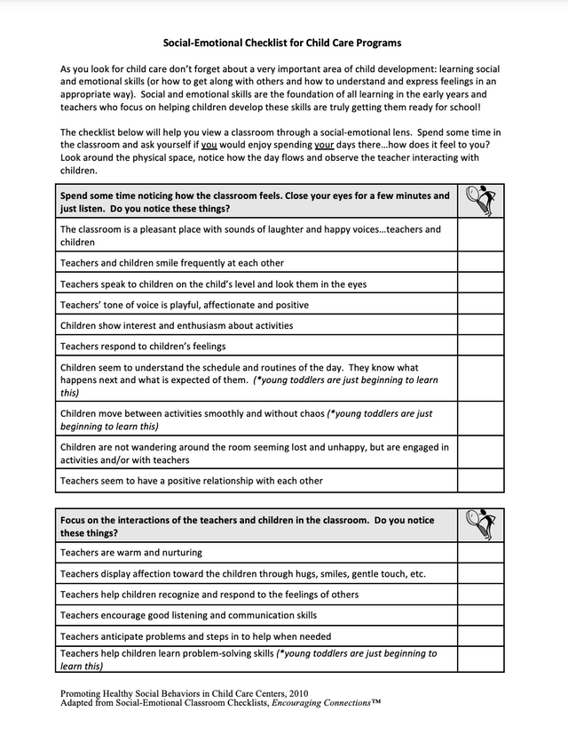 Classroom Social Emotional Checklist for Parents - CCR&R System