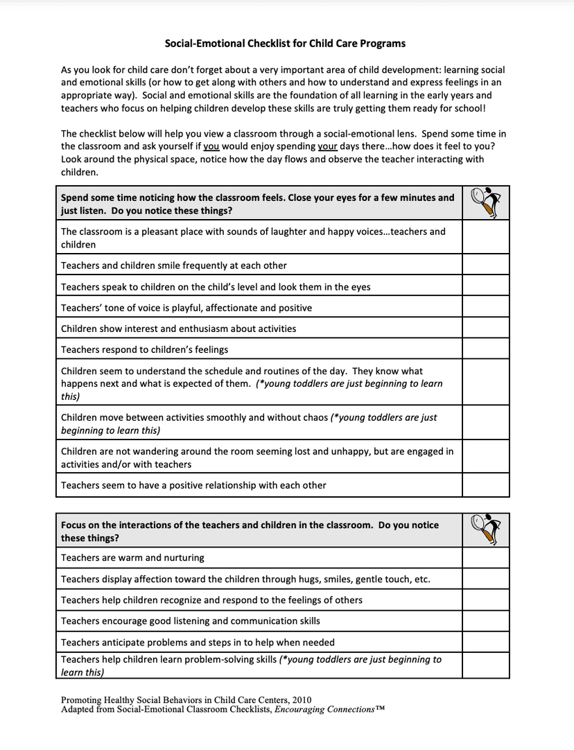 Classroom Social Emotional Checklist for Parents - CCR&R System