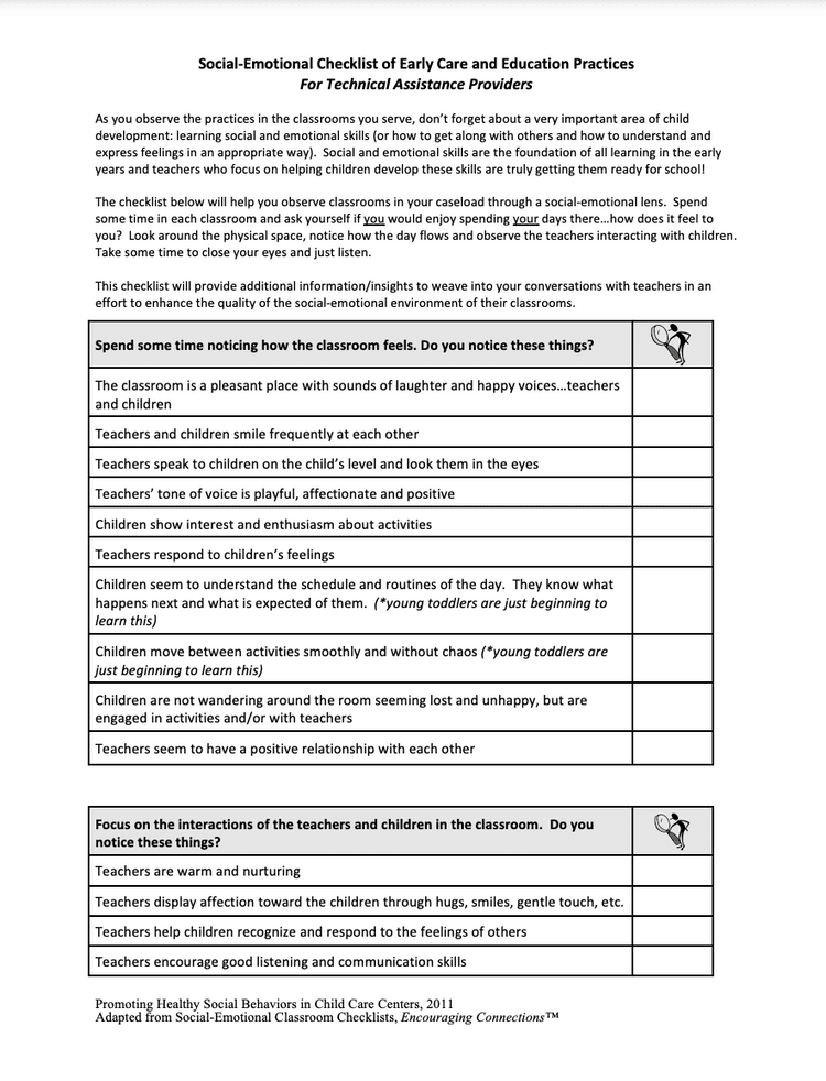 For TA Providers: Social-Emotional Checklist of Early Care and ...