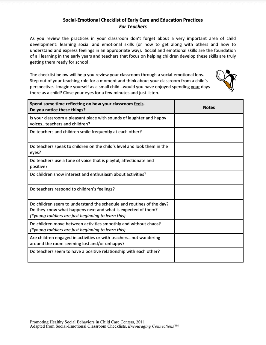 For Teachers: Social-Emotional Checklist of Early Care and Education ...